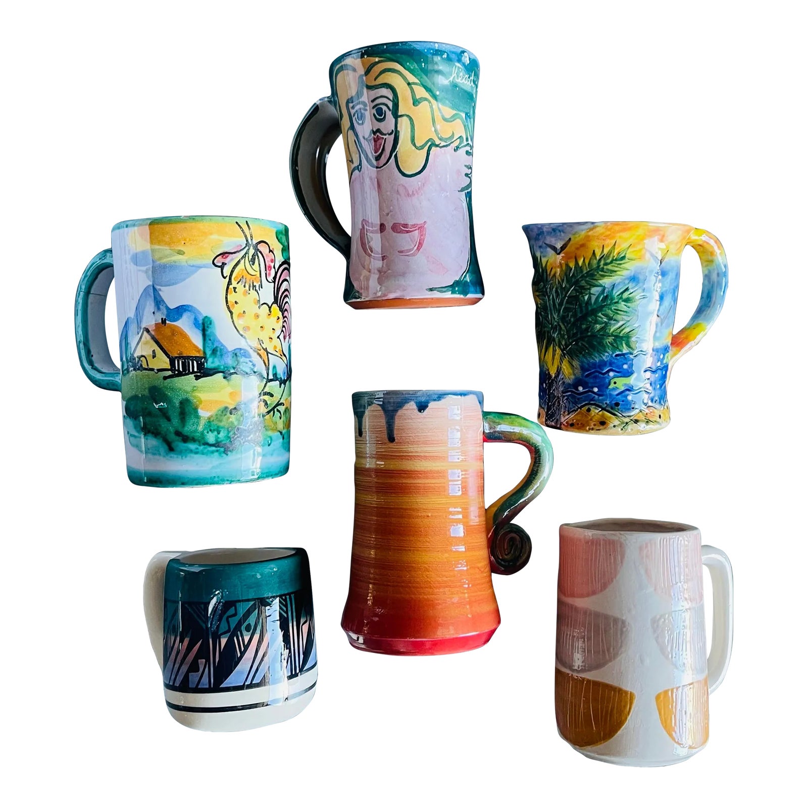 1980s Mismatched Set of 6 Hand Made Studio Pottery Cups | Chairish