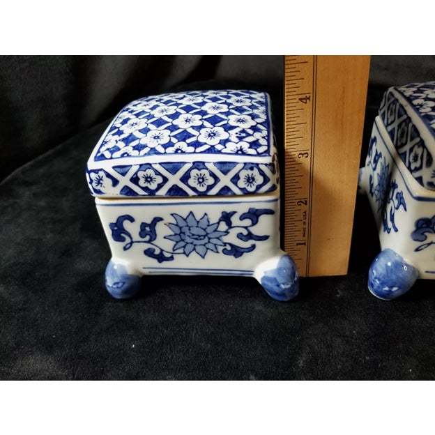 Mid 20th Century Footed Chinese Blue and White Lidded Boxes - a Pair ...