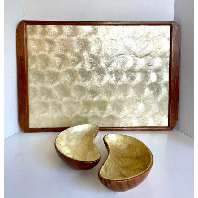 Vintage Capiz Shell Wood Tray and Matching Bowls | Chairish