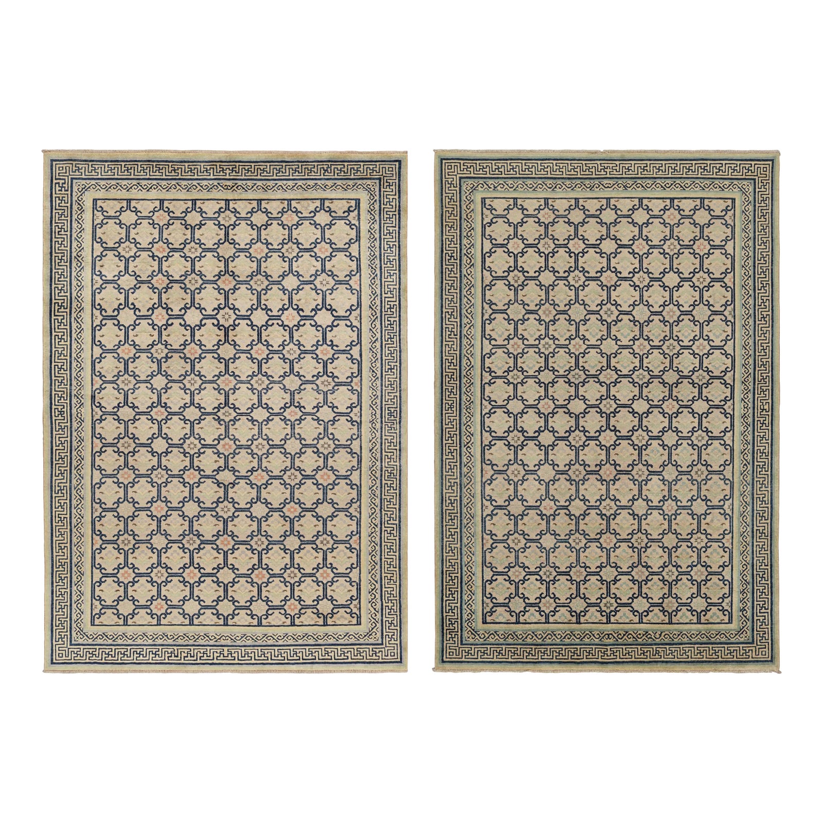 Rug & Kilim’s Twin Art Deco Style Rugs in Beige With Blue Geometric ...