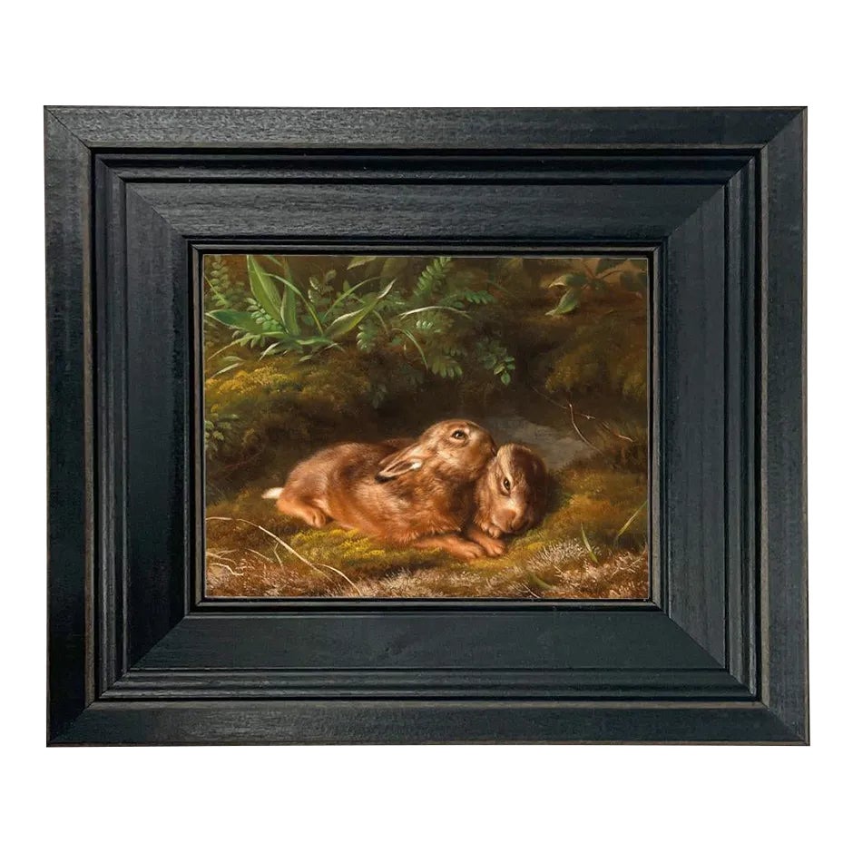 Two Rabbits 5x6" Print on Canvas in Distressed Black Wood Frame | Chairish