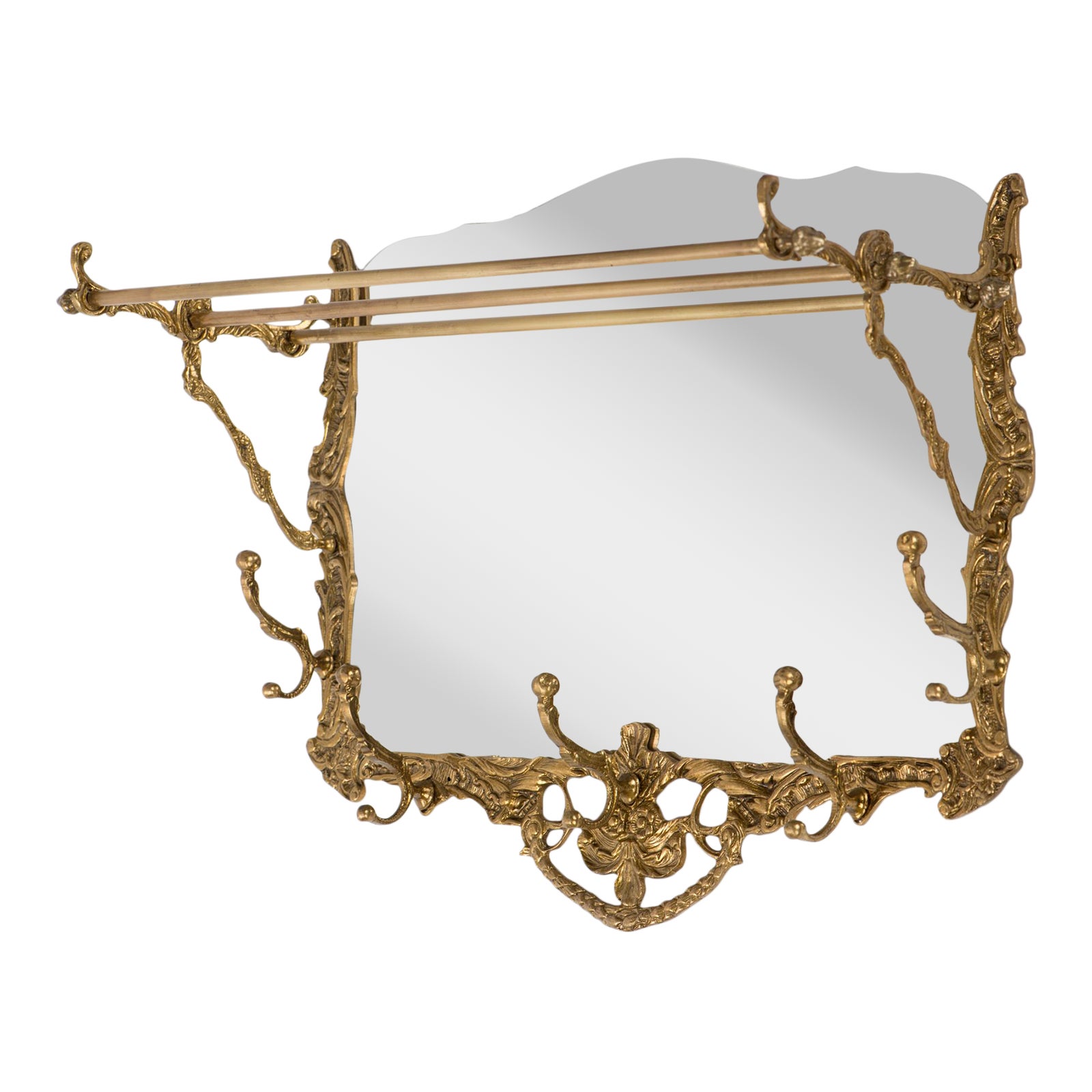 Vintage Spanish Wall Mounted Brass Shelf and Coat Rack With Mirror ...
