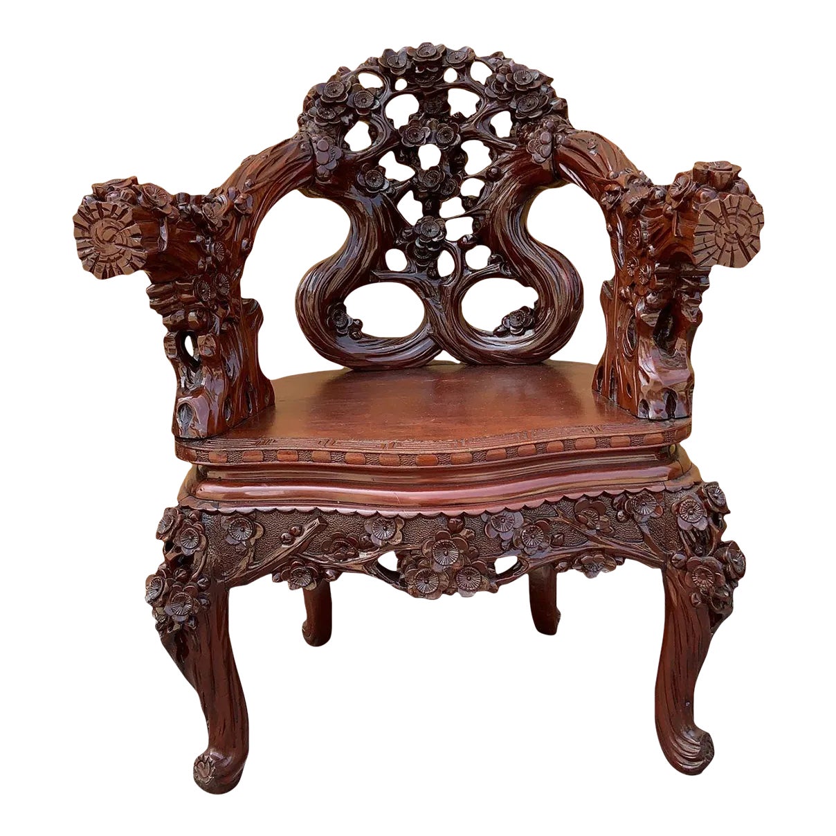1950s Vintage Japanese Carved Floral Accent Chair | Chairish