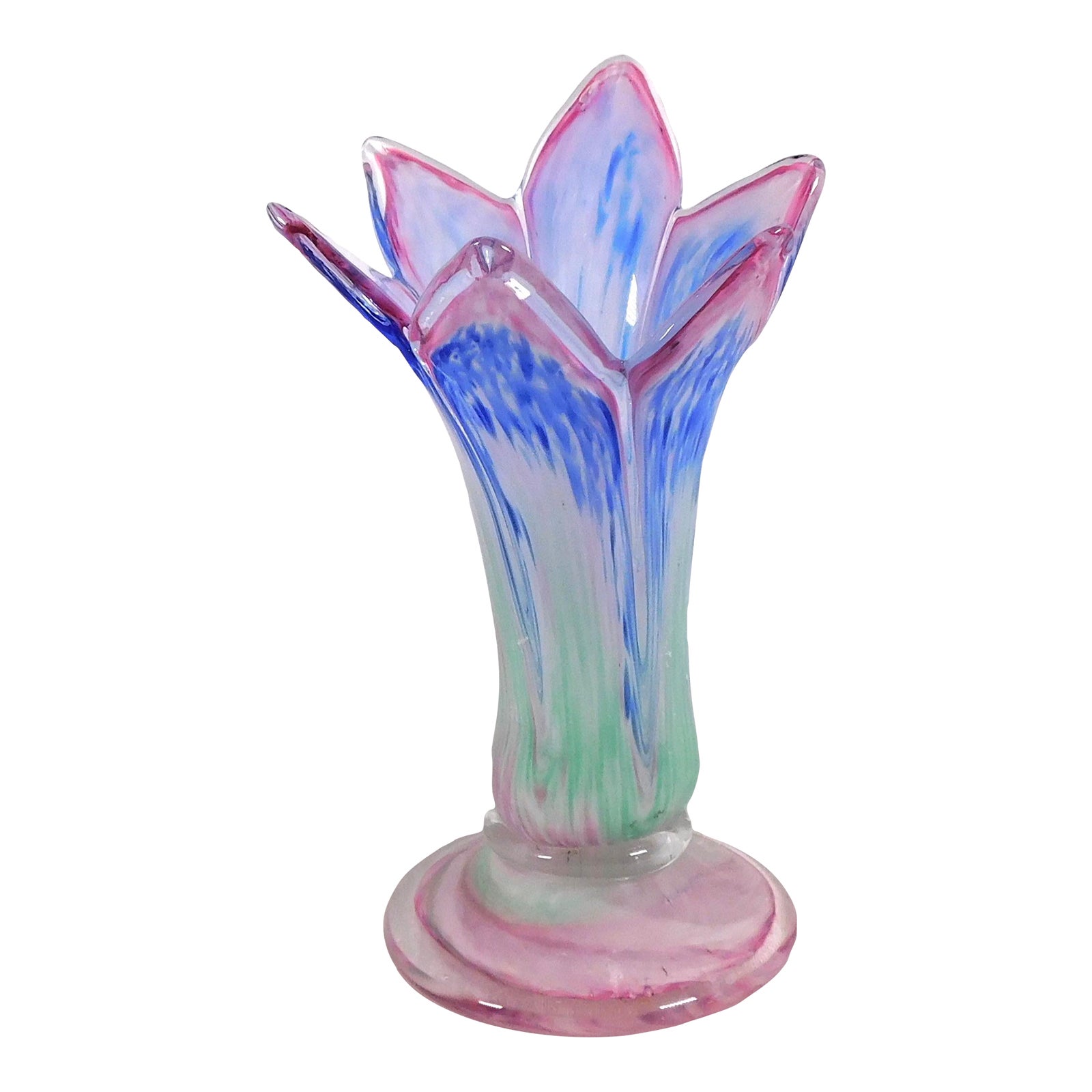 1970s Pink, Blue, and Green Short Art Glass Tulip Shaped Vase | Chairish