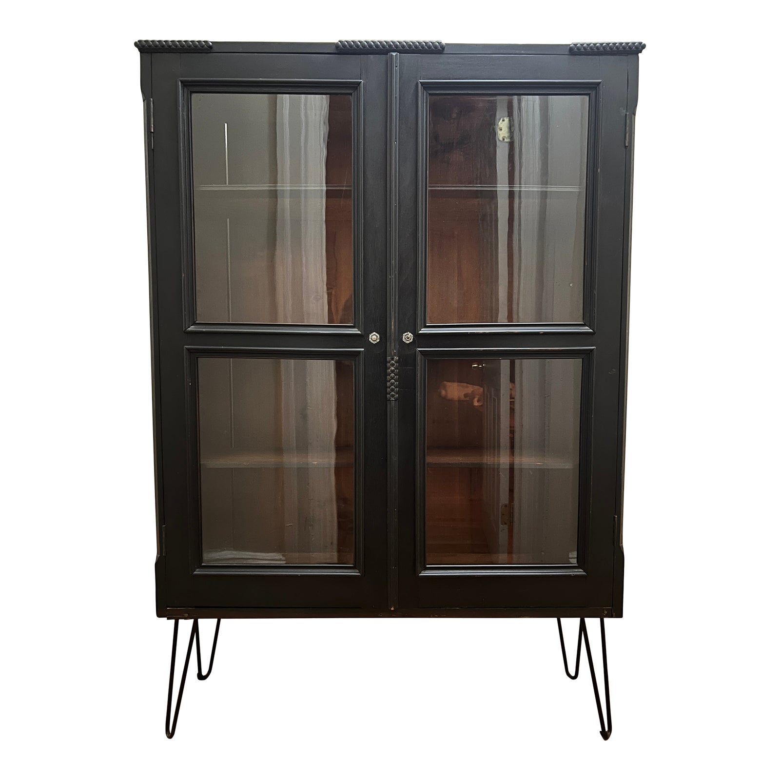 1900s Antique Black Painted Bookcase/Display Cabinet With Original Wavy ...