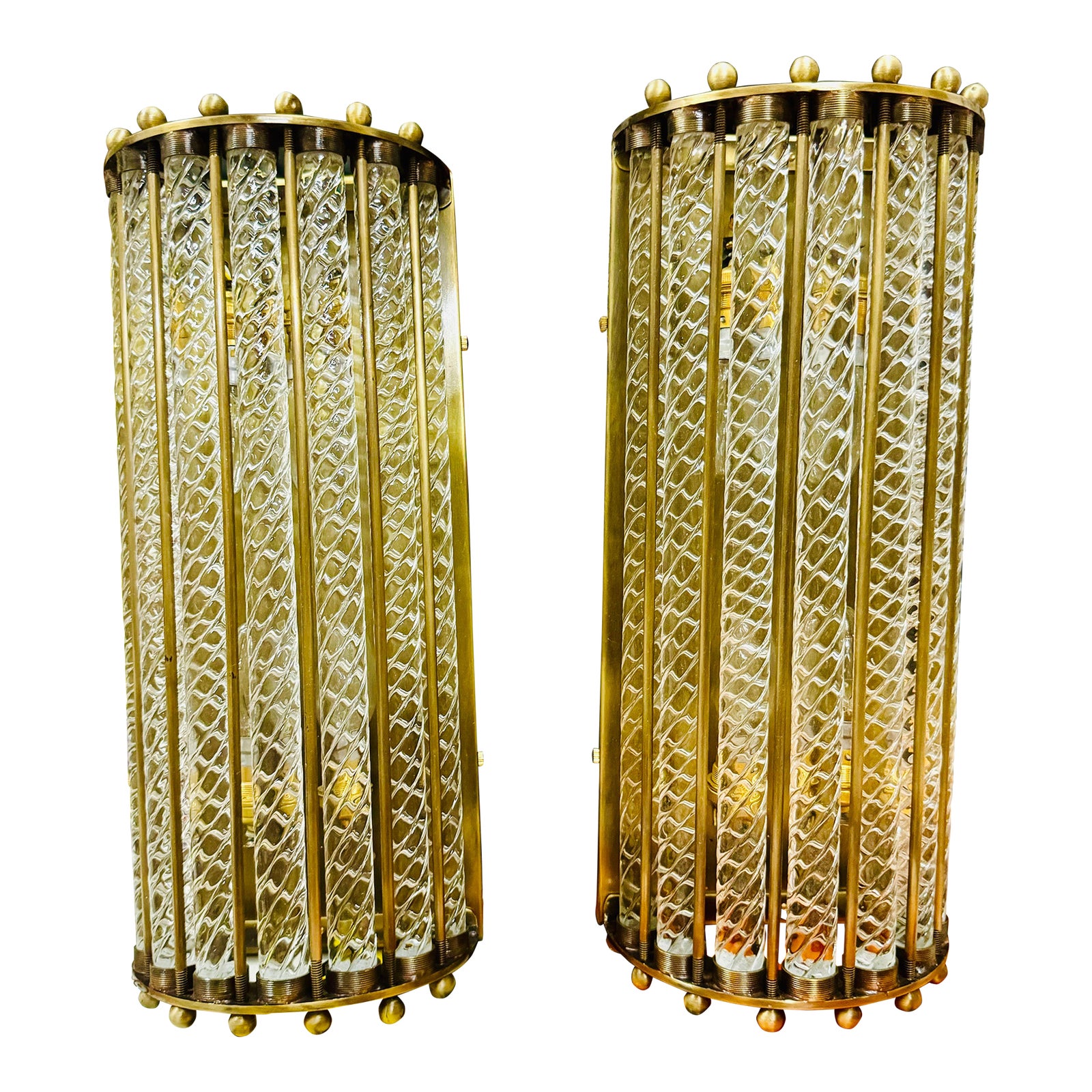 Pair of Vintage Art Deco Twisted Ribbed Glass Rod Brass Sconces Wall ...