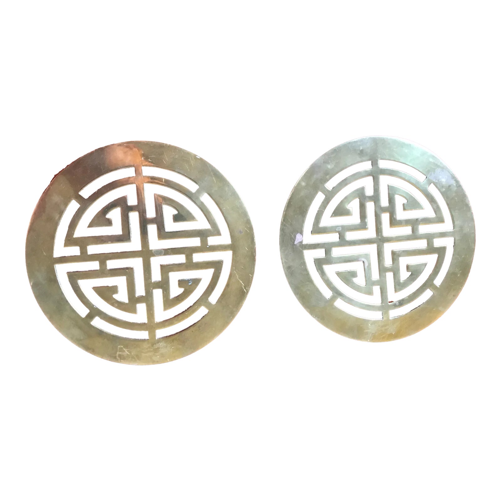 A Pair of Brass Trivets With Chinese Shou Symbol of Longevity. | Chairish