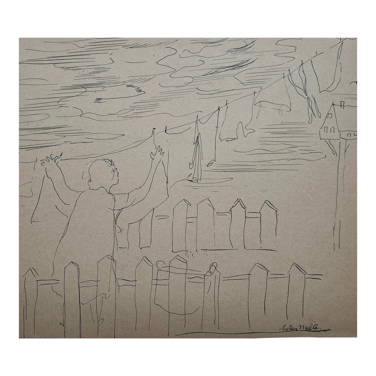 1940s Helen Malta Backyard Laundry Drawing | Chairish