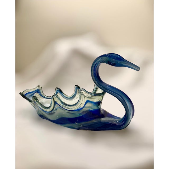 1970s Large Blue Hand-Blown Sooner Swan Slag Art Glass Large Decor Bowl ...