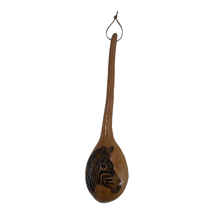 1970s Gourd Calabash Ladle Hand Carved Zebra Head and Leather Holder ...