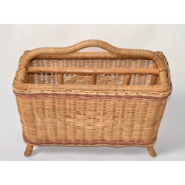 1960 Rattan Bamboo Handwoven Magazine Rack Newspaper Basket | Chairish