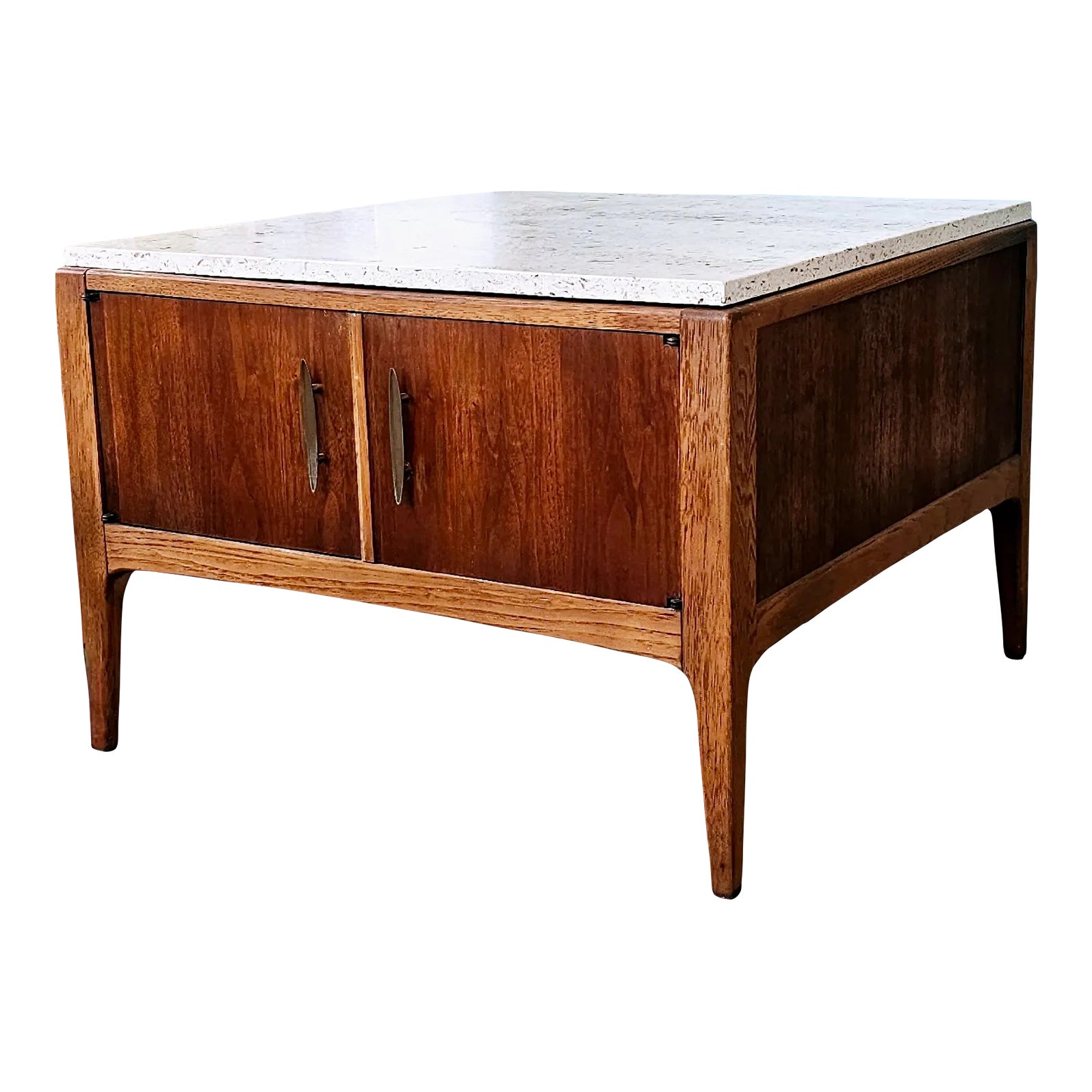 Lane Side Brown Walnut Marble Top Square Table W/ Compartment | Chairish