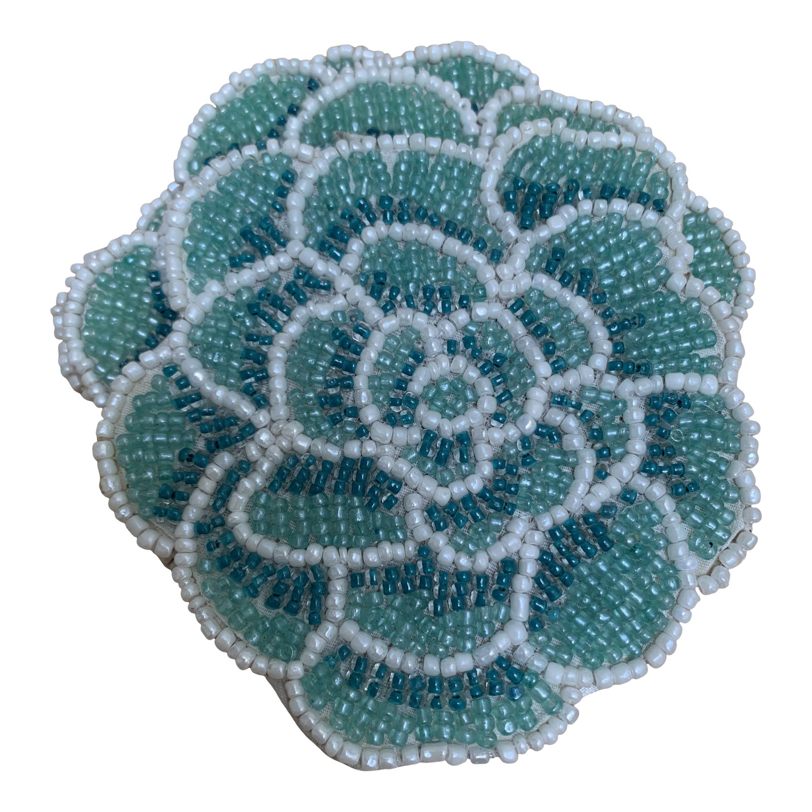 Set of Four Aqua Beaded Floral Coasters | Chairish