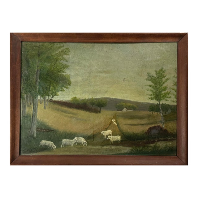Antique Folk Art Pastoral Landscape With Sheep, Framed (Oil on Board ...