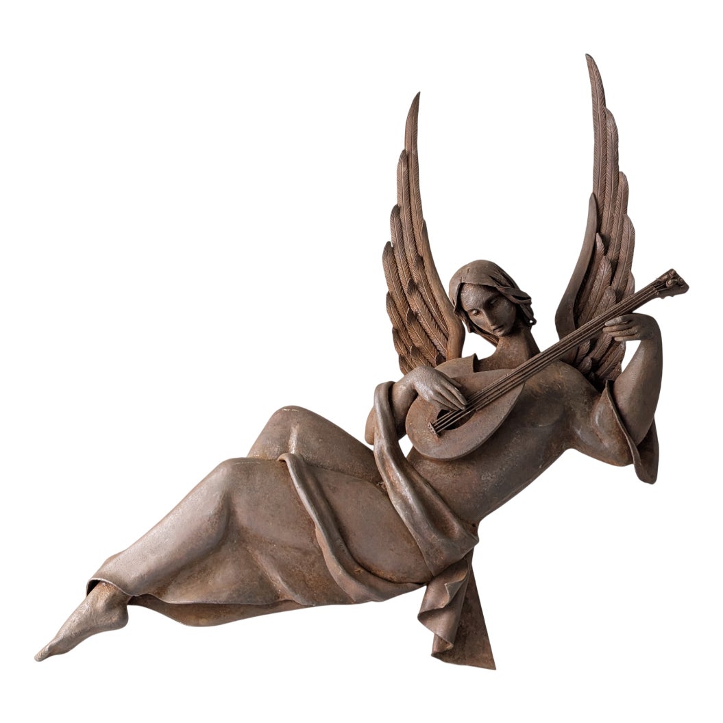 Spanish Renaissance Revival Forged Iron Angel Sculpture Playing Lute ...
