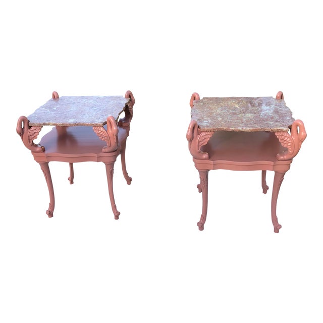 Carved Swan Two Tiered Marble Top End Tables- a Pair | Chairish