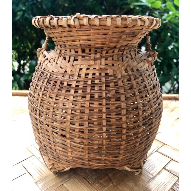 Antique Asian Natural Woven Wicker Rattan Footed Basket Urn | Chairish
