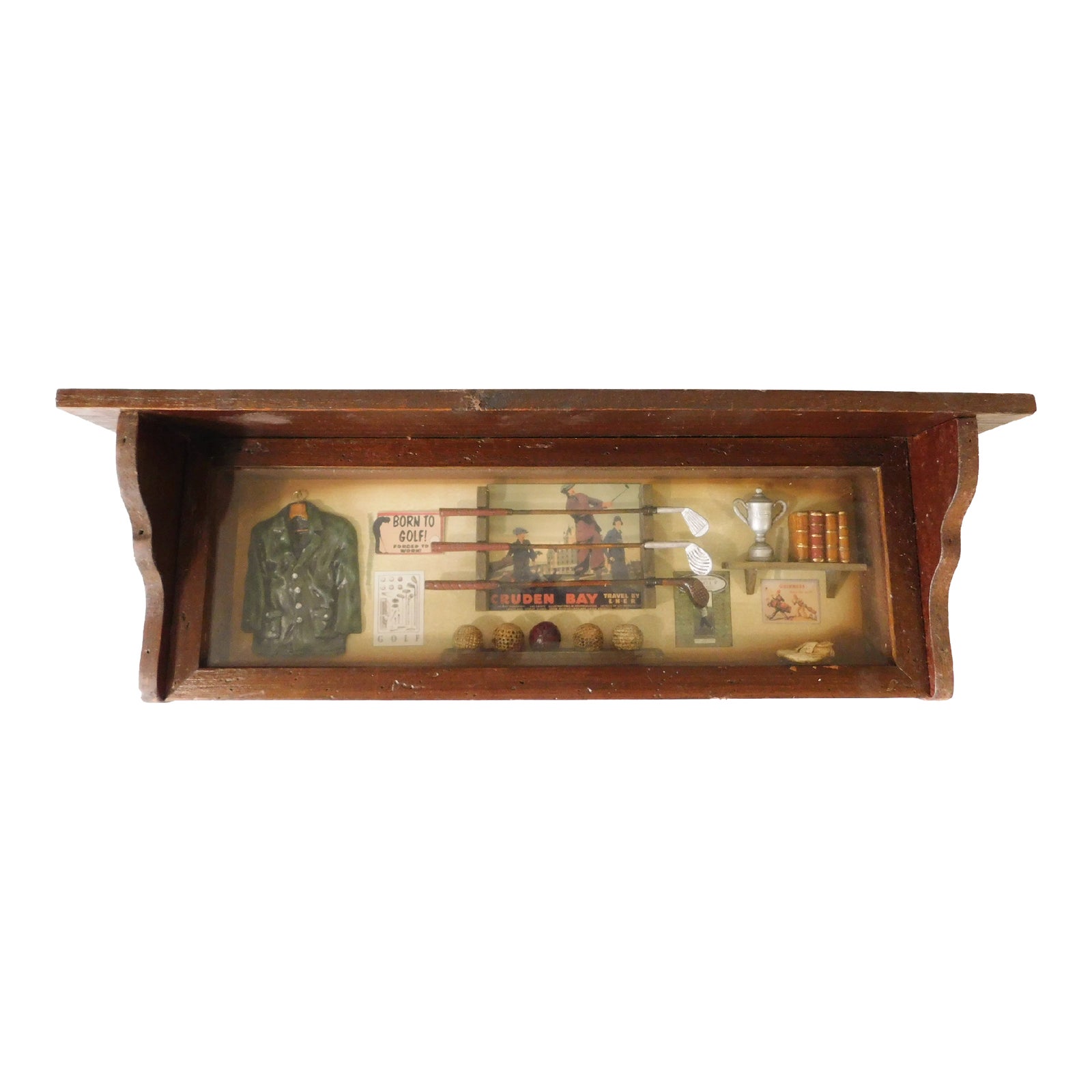 Vintage Mahogany Wood & Glass Golf Sports Shadowbox Floating Wall Shelf | Chairish