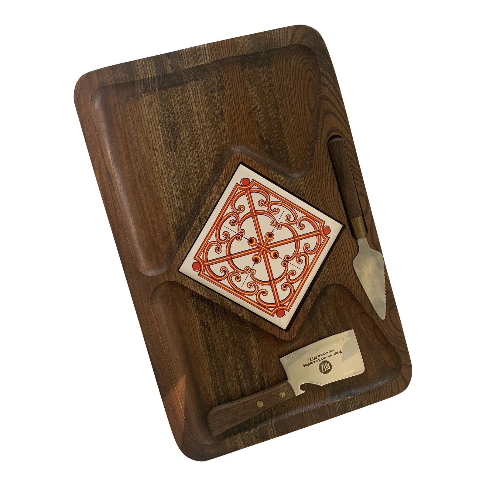 Vintage Wood & Ceramic Tile Cheese Board / Charcuterie Set | Chairish