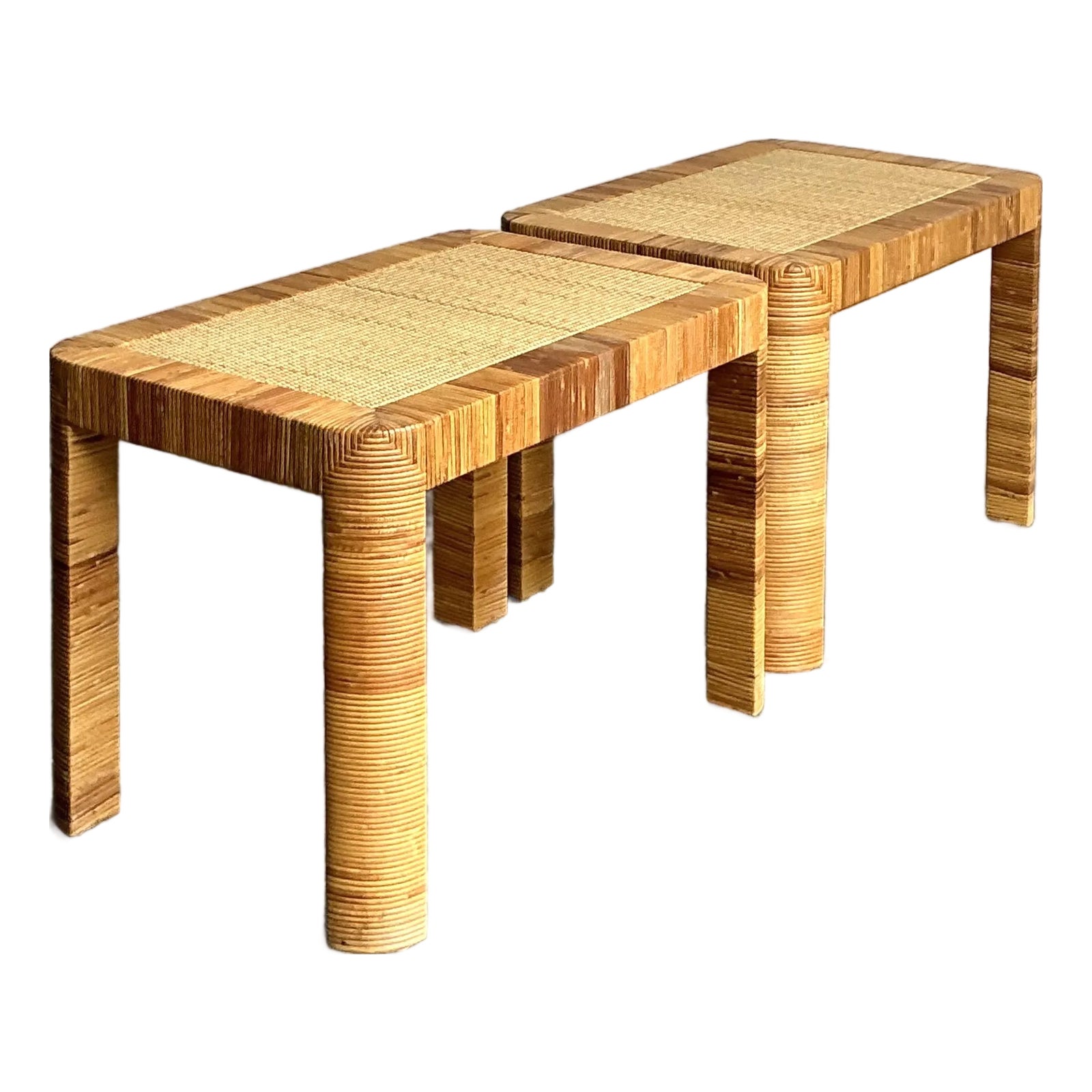 Vintage Boho Bielecky Brothers Woven Rattan Side Tables - A Pair | Chairish