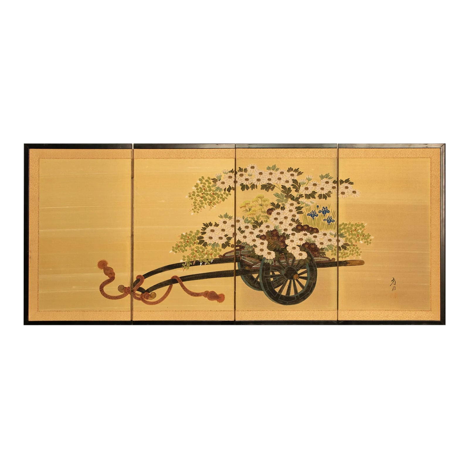 1960s Shōwa Era Japanese Flower Cart Silk Screen | Chairish
