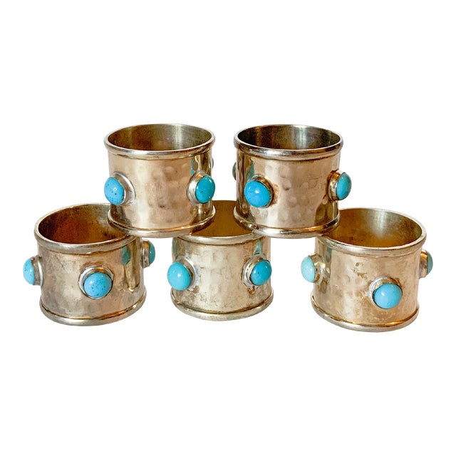 Late 20th Century Silverplate and Turquoise Style Stone Napkin Rings ...