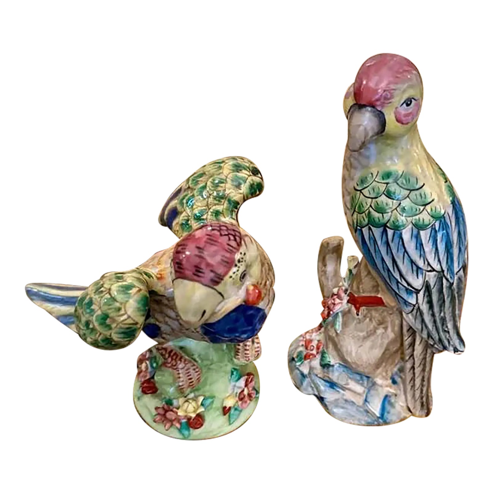 Vintage Pair of Ceramic Chinoiserie Style Parrots | Chairish