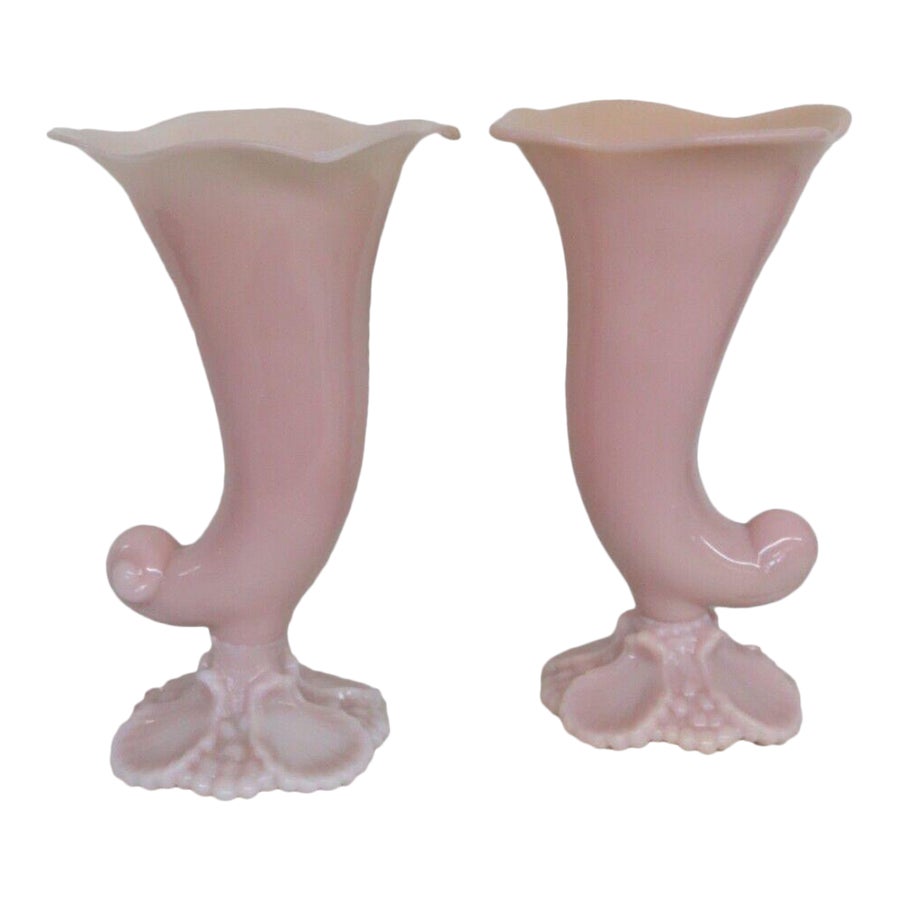 Cambridge Glass Crown Tuscan Cornucopia Shell Pink Vases a Pair | Chairish