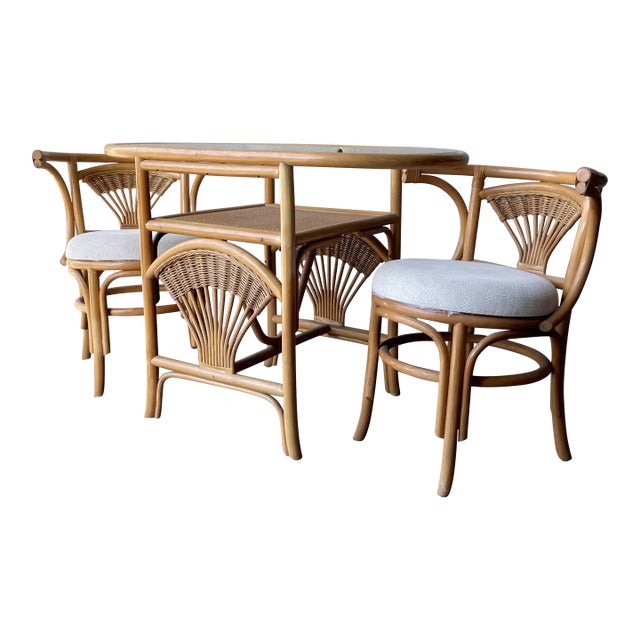 1970s Vintage Rattan Honeymoon Table and Chairs - Set of 3 | Chairish