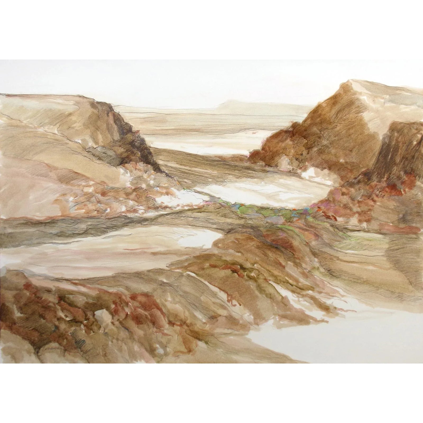 1980s "Desert Landscape #5" Impressionist Style Landscape Watercolor ...