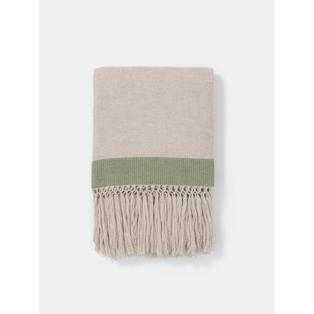 Merino Wool Fringed Green-Banded Throw by Villa Como | Chairish
