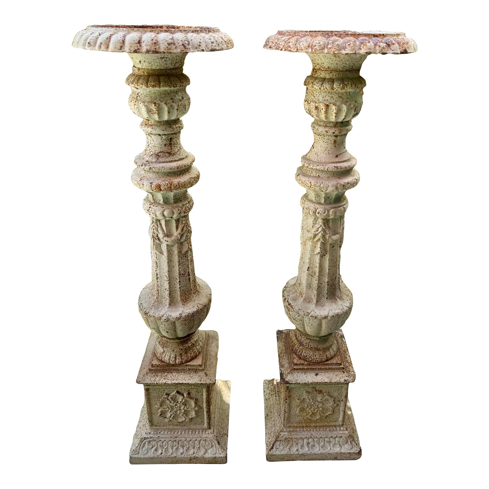 Pair of Monumental Light Gray Antique Cast Iron Candlesticks | Chairish