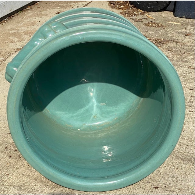Mid Century Round Aqua Planter with Raised White Stripes | Chairish