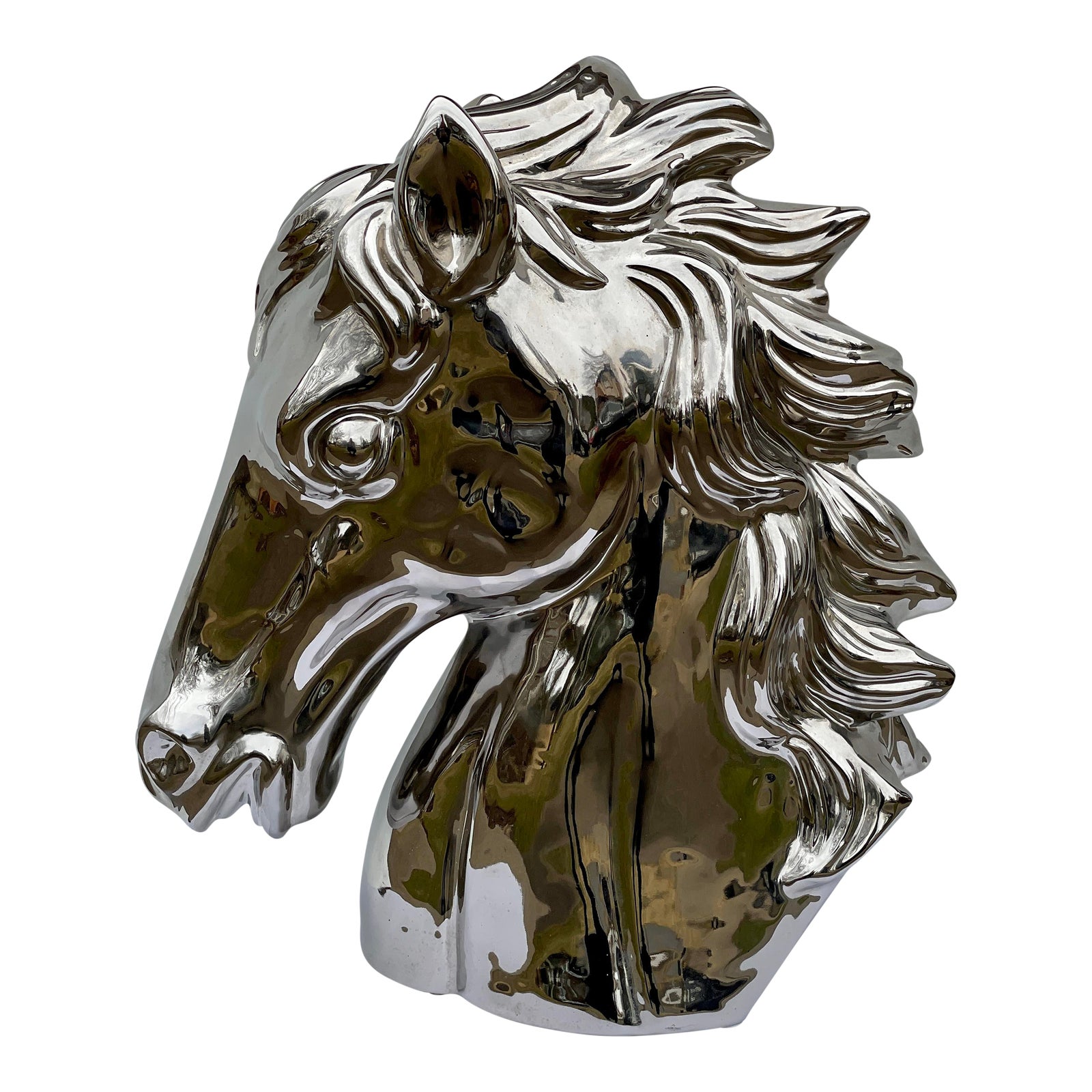 1980s Italian Ceramic Horse Bust Head in a Chrome Silver Finish | Chairish
