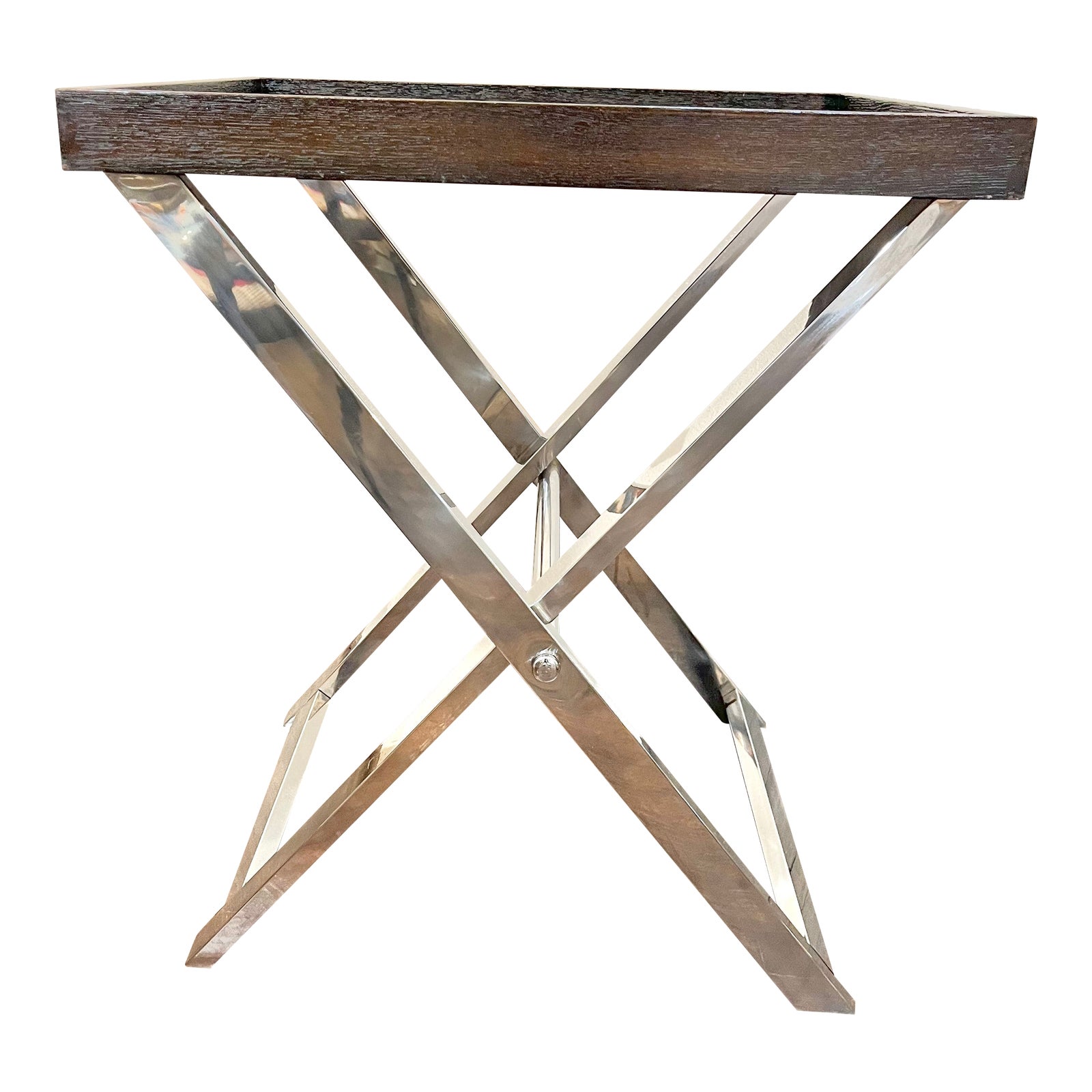Late 20th Century Chrome and Wood Bar Tray Table Removable Tray | Chairish