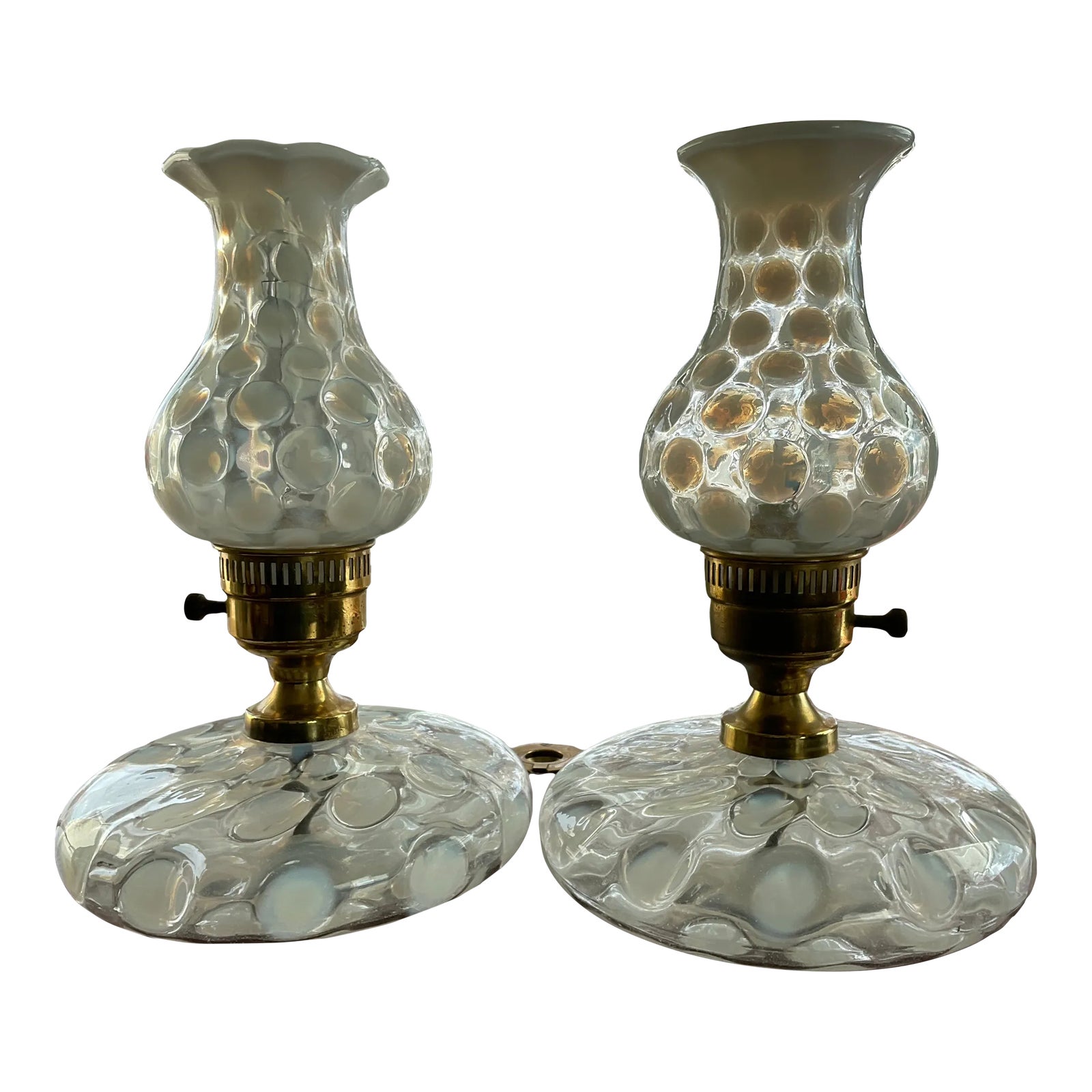 Set of Two Lamps Early 20th Century White Opalescent Coin Dot Boudoir ...