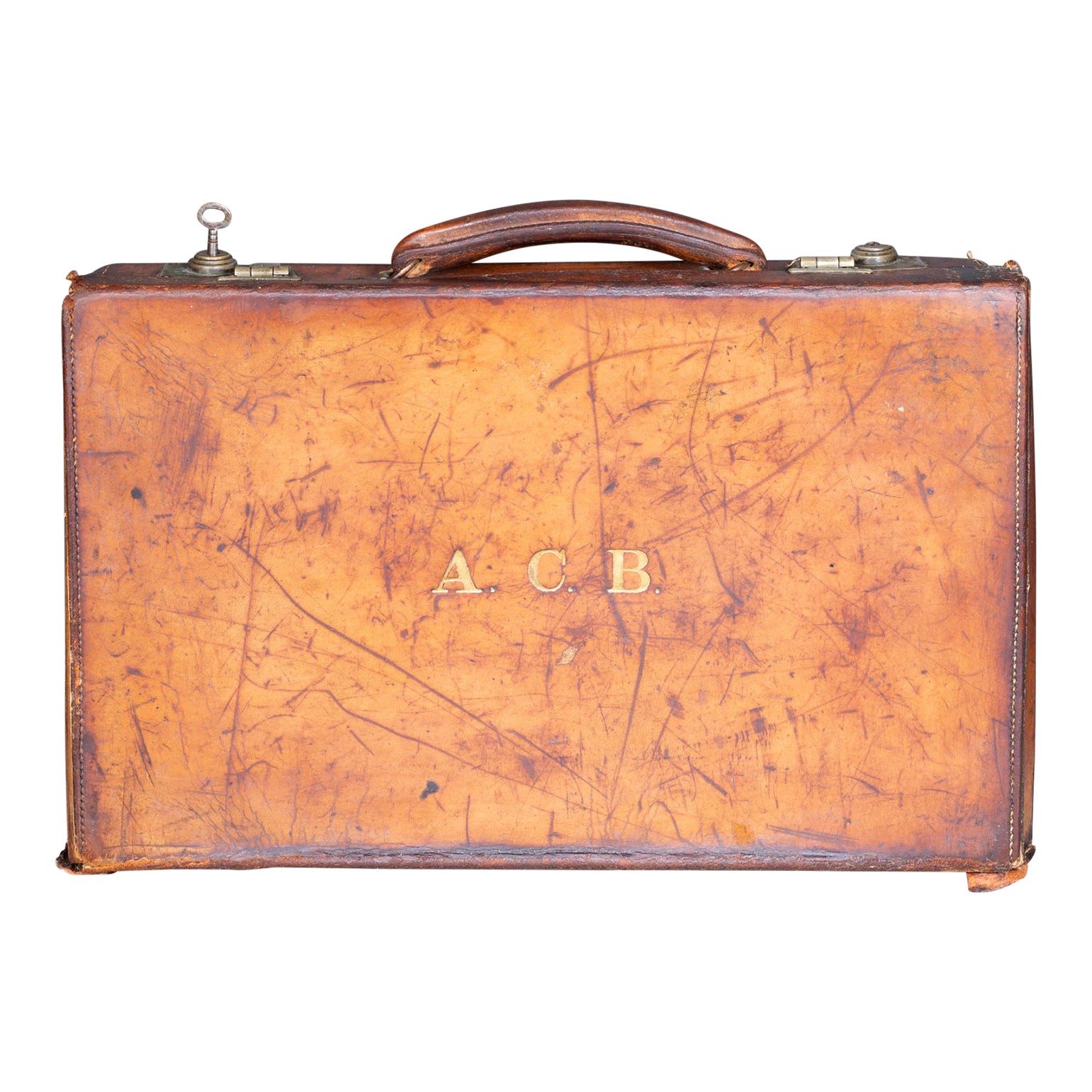 Small Leather Monogrammed Briefcase With Original Travel Tag c.1940 ...