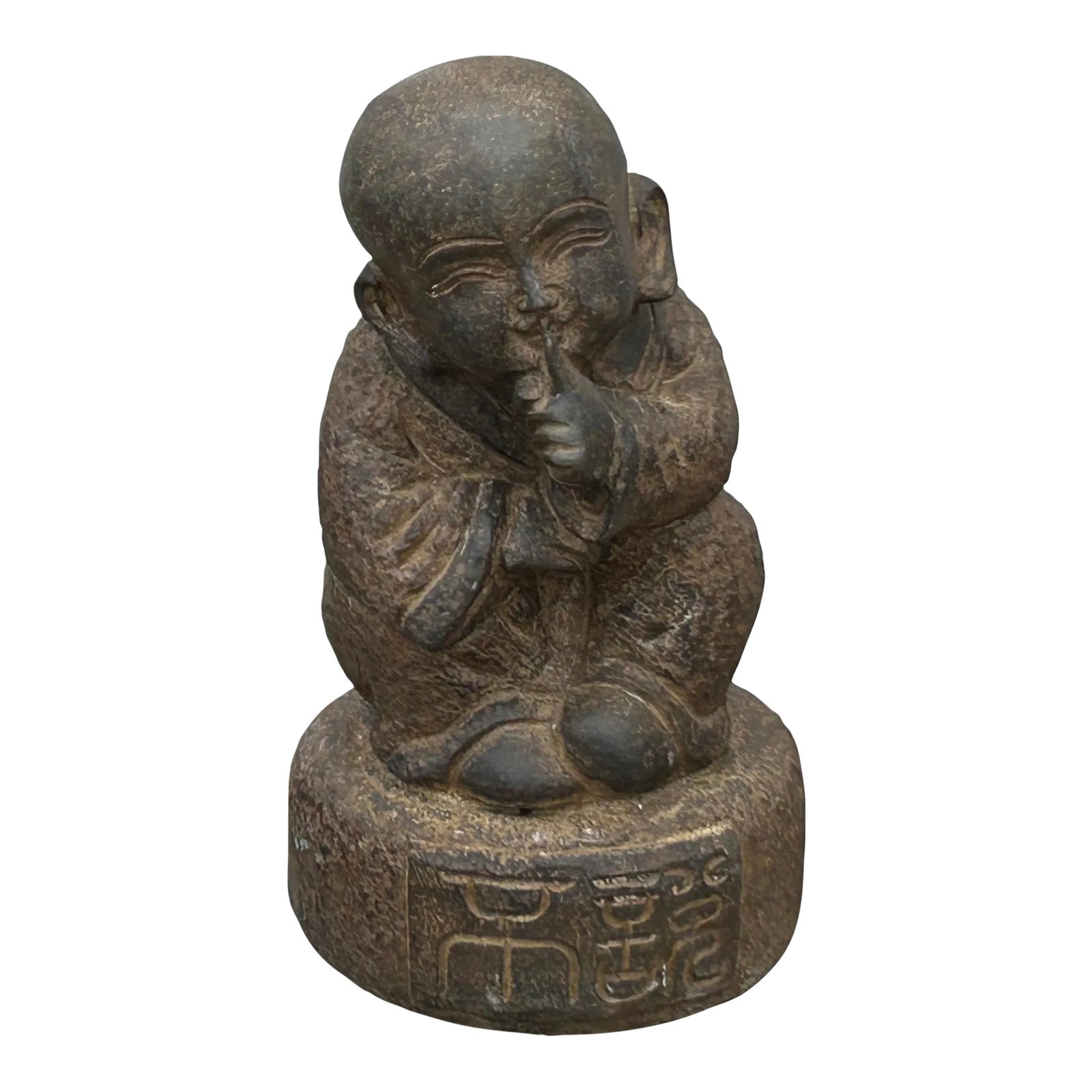 Oriental Gray Stone Little Lohon Monk Covering Mouth Statue | Chairish