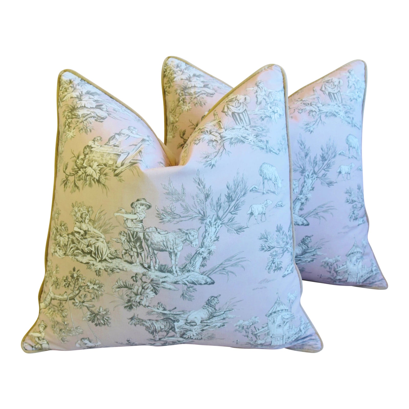 Custom French Countryside Toile Feather/Down Pillows 24" Square - Pair ...