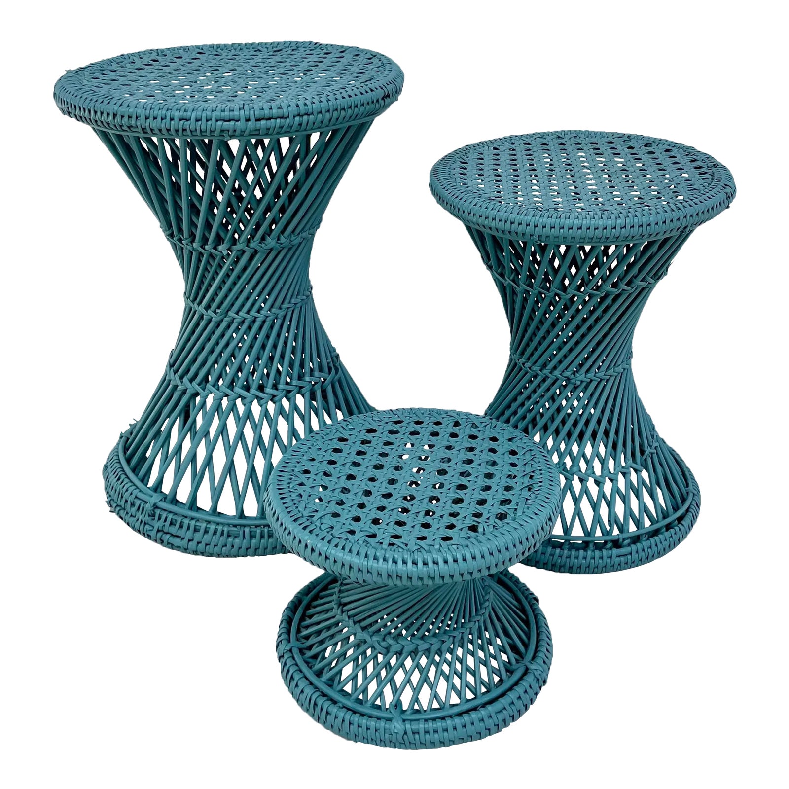 Set of 3 Wicker Rattan Cane Woven Teal Blue Pedestal Stools | Chairish