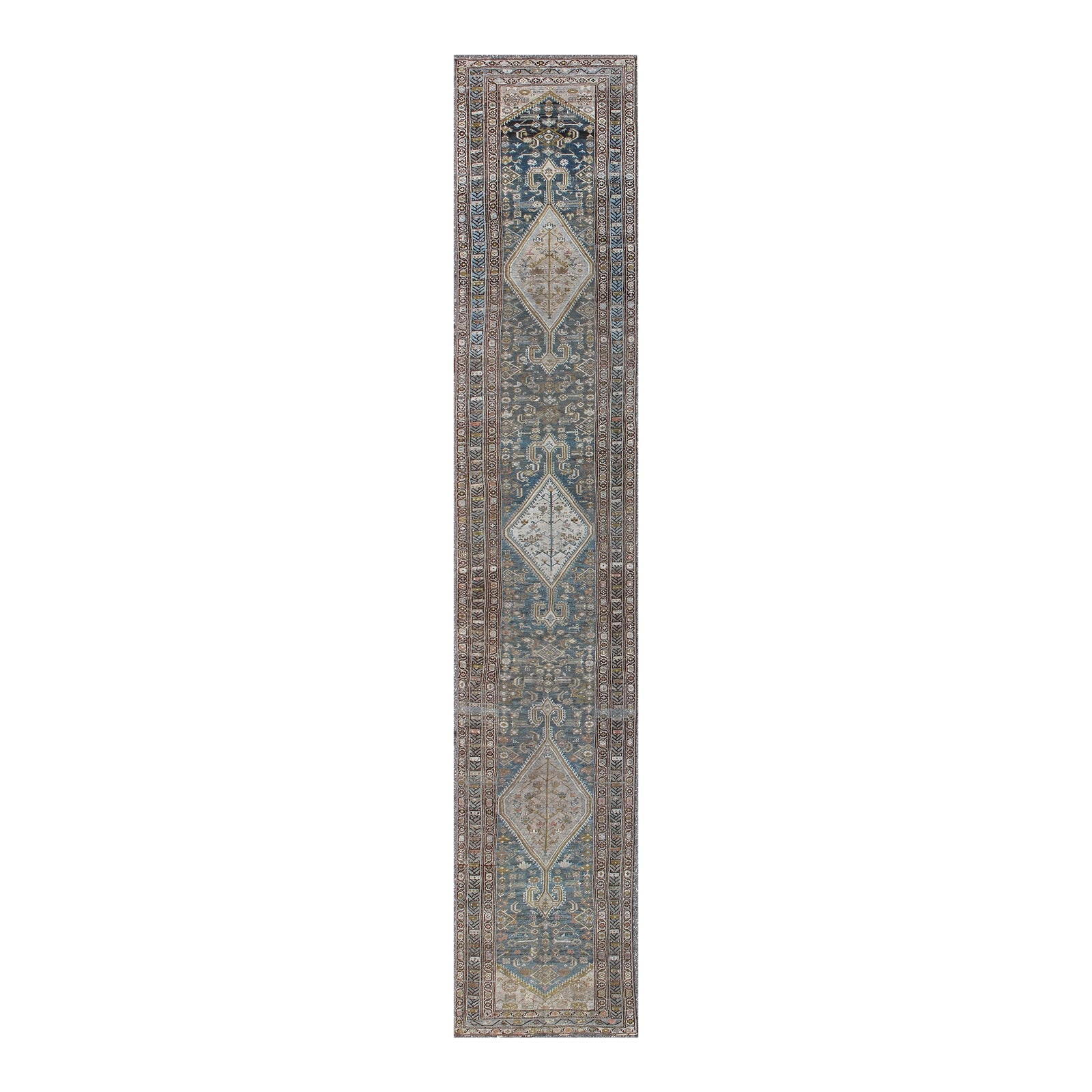 Antique Persian Malayer Runner With Faded Blue Field and Geometric ...