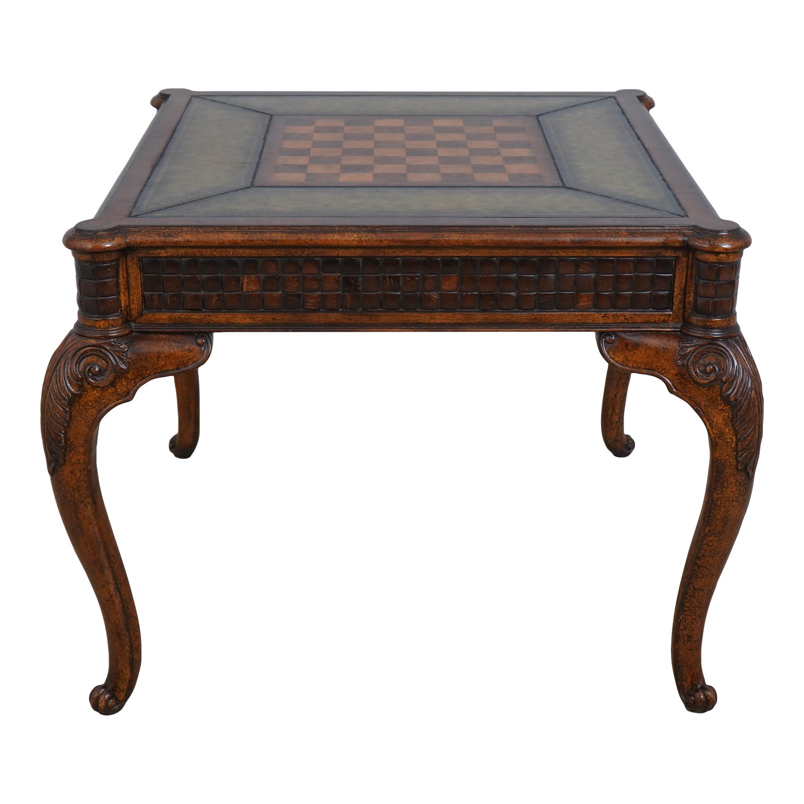 Llyod Buxton Carved Games Table W. Leather Top | Chairish
