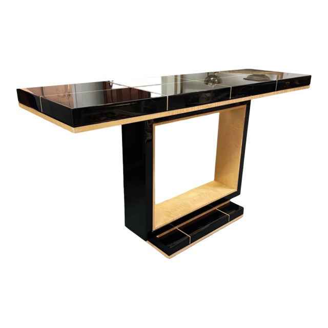 Art Deco Black Lacquer & Maple Console Table | Chairish