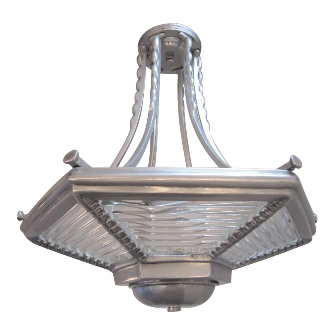 Small Art Deco Six Sided Glass and Aluminum Chandelier | Chairish
