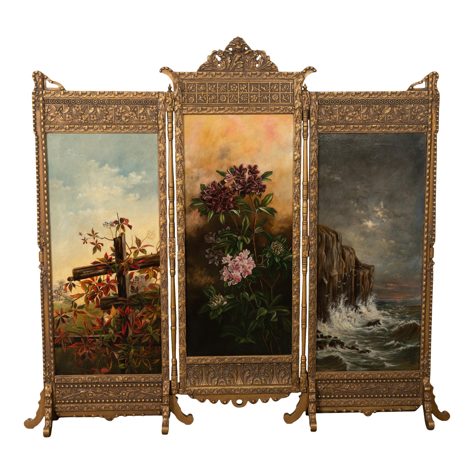 Antique Gilded Room Divider Screen Oil Painting Aesthetic Movement NY 1885 | Chairish