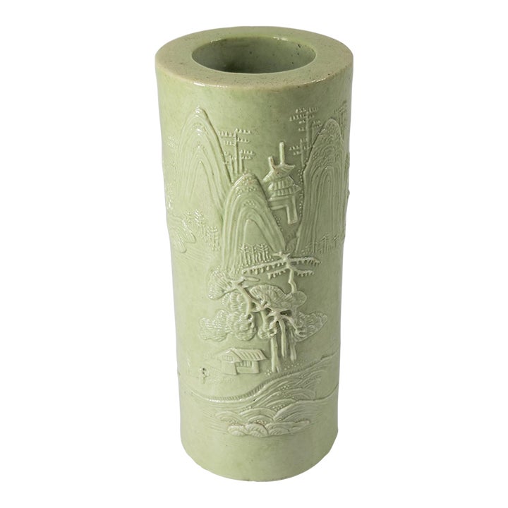 Early 20th Century Chinese Lime Green Brushpot Style of Wang Bingrong ...