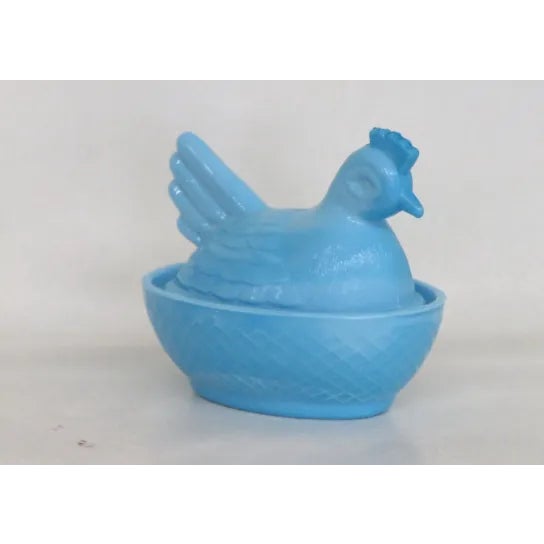 Heisey Blue Slag Glass Chicken Hen on Nest Small Covered Dish | Chairish