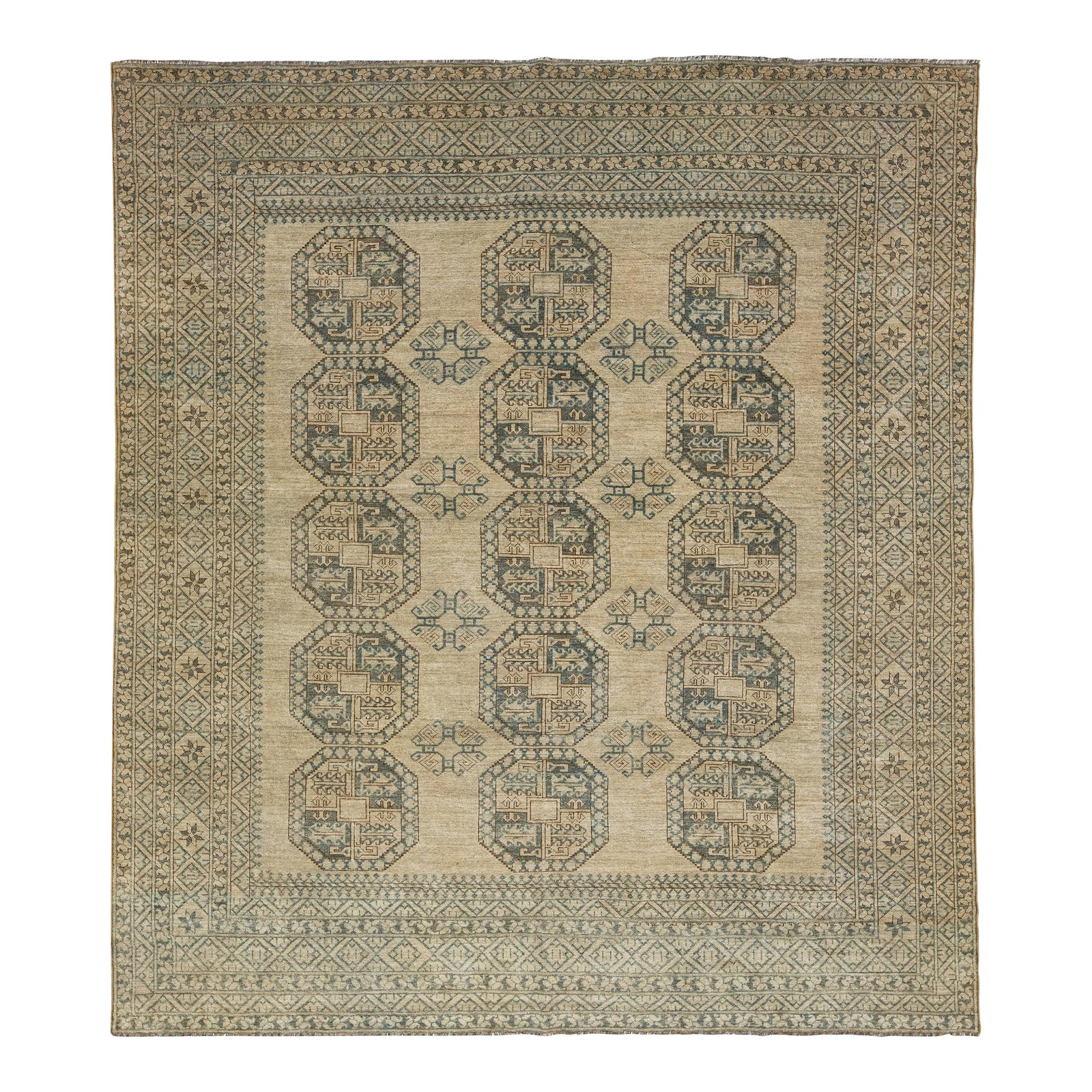 9 X 10 Beige Antique Handmade Turkmen Wool Rug With Geometric Pattern ...