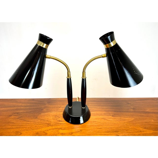 Mid Century Atomic Modern Double Gooseneck Desk Lamp in Black & Brass ...