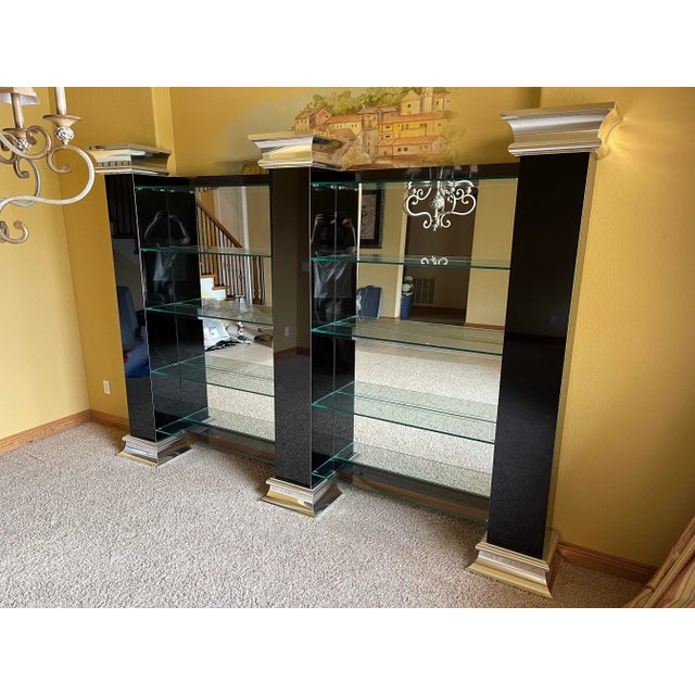 1990s Art Deco Black Mirrored Pillar Chrome and Glass Shelving Display ...
